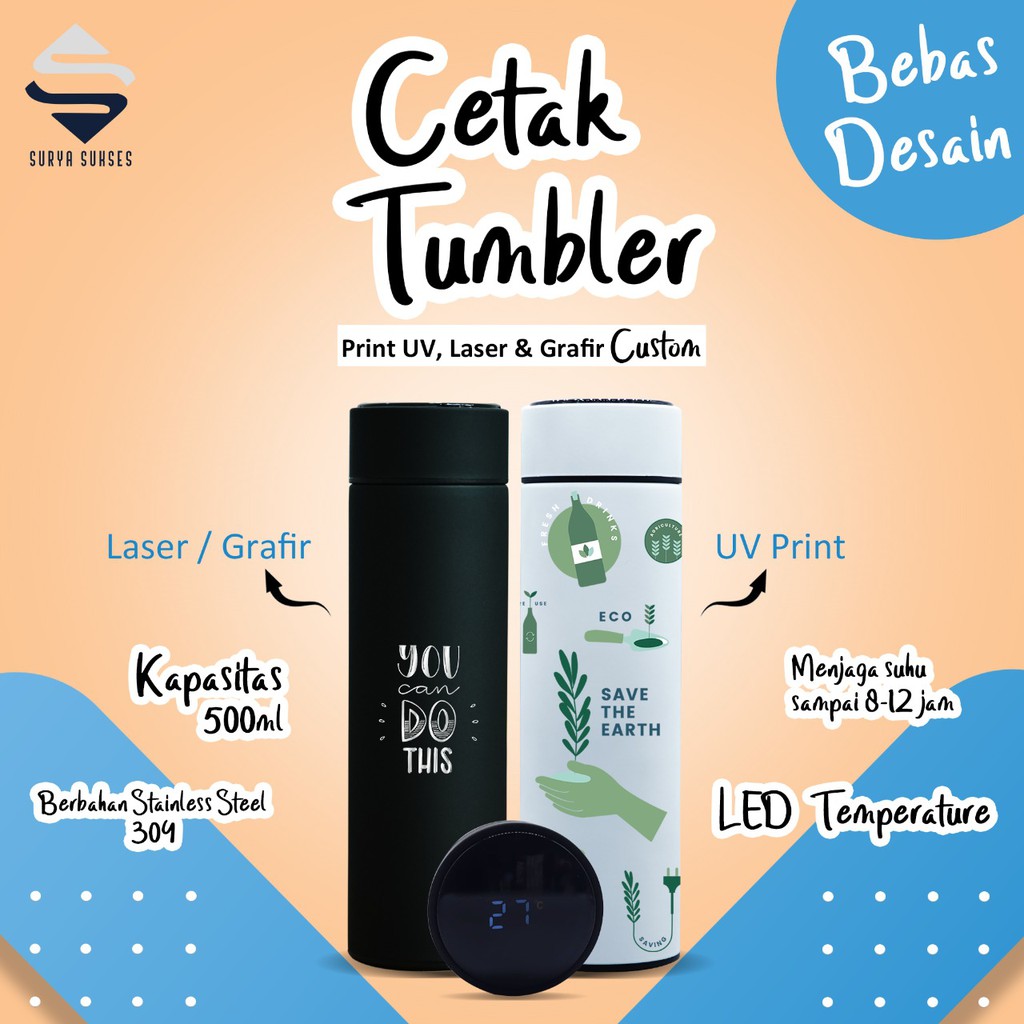 Jual TUMBLER CUSTOM TERMOS Smart LED 500ml Termometer SOVENIR/PROMOSI ...