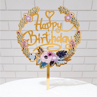 Jual Topper happy birthday desain bunga akrilik / topper hbd cake kue ...