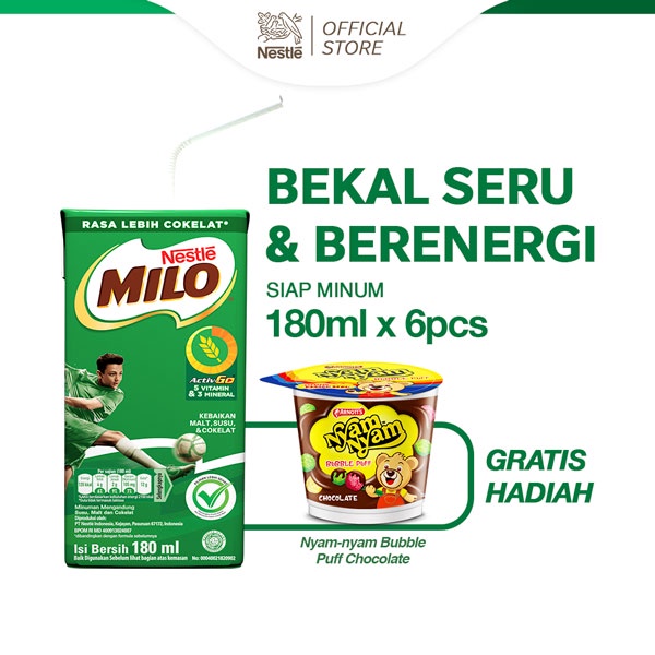 Jual MILO ACTIV-GO UHT Susu Coklat 180 ml x 6 pcs FREE Nyam-nyam Bubble Puff Chocolate | Shopee ...