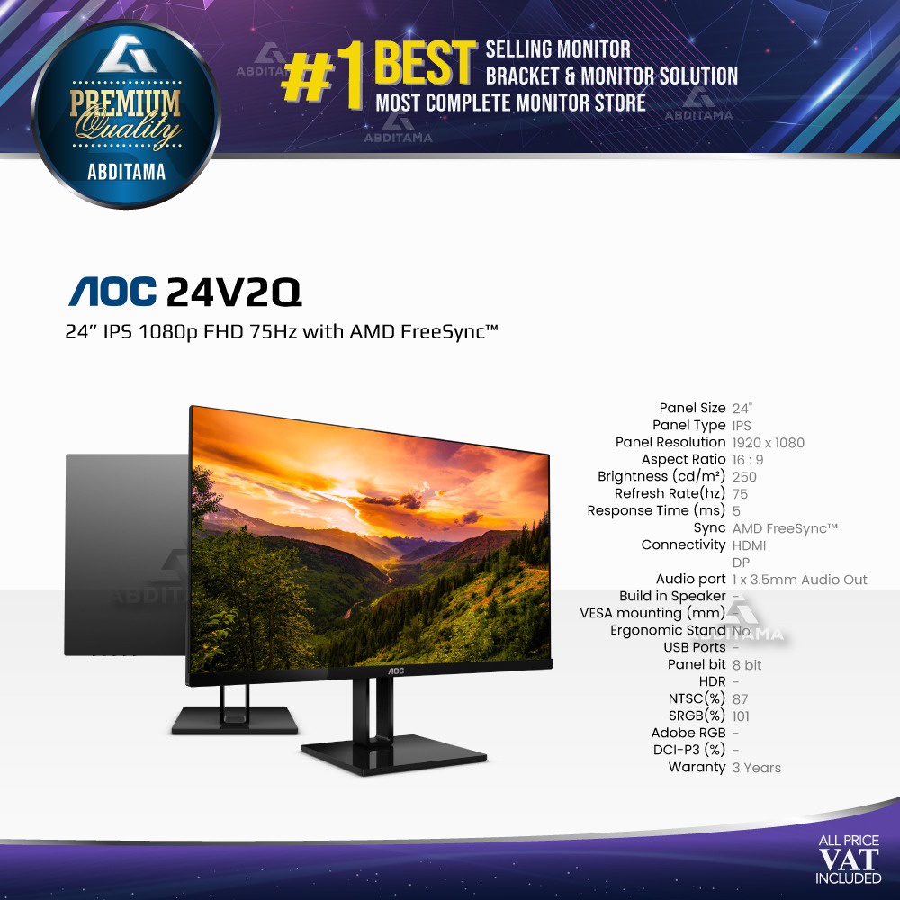 Jual Monitor LED AOC 24V2Q 24" 1920x1080 75Hz IPS HDMI DP AMD FreeSync ...