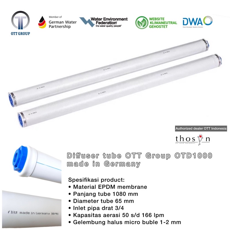 Jual Diffusertube diffuser tube OTT Germany OTD1000 unitube membran aerasi gelembung micro ...