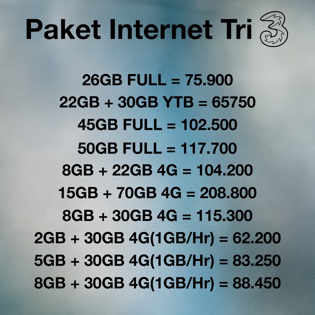Jual Paket Internet Tri 3 Three 33GB 52GB 45GB 26GB 22GB 85GB 38GB ...
