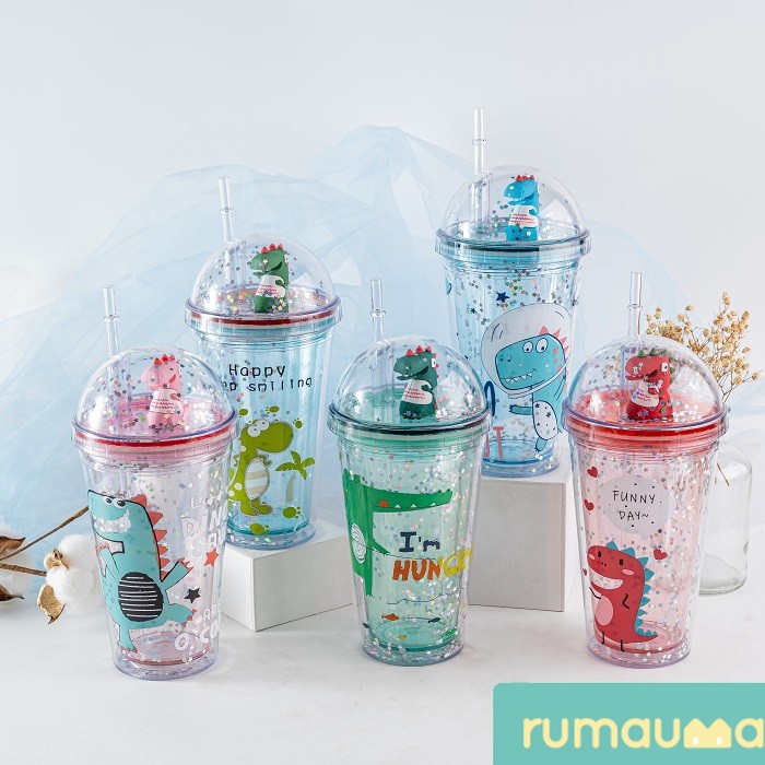 Jual RUMAUMA Glitter Straw Dino Bottle Tumbler Botol Minum Sedotan ...