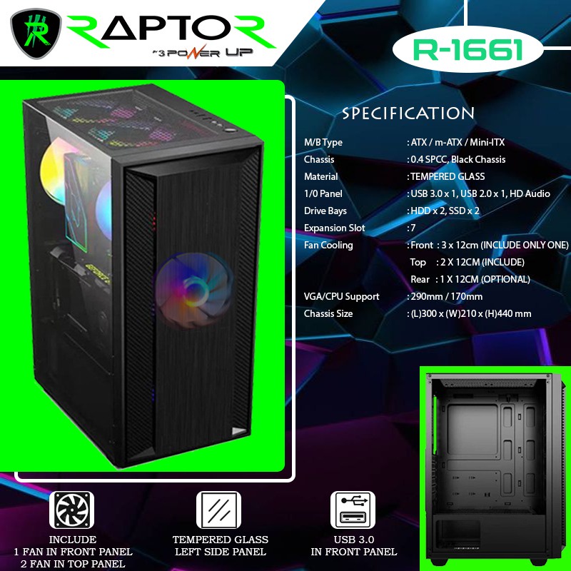 Jual Casing Gaming 3 Power Up RAPTOR 1661 include 3 FAN | Shopee Indonesia