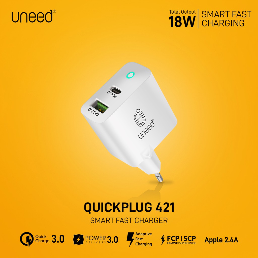 Jual UNEED QuickPlug Dual Smart Fast Charger PD 3.0 & QC 3.0 - UCH421 ...