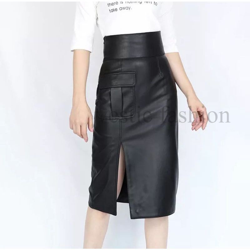 Jual Rok Wanita Kulit Maxi High Waist Rok Panjang Span Belahan Split ...
