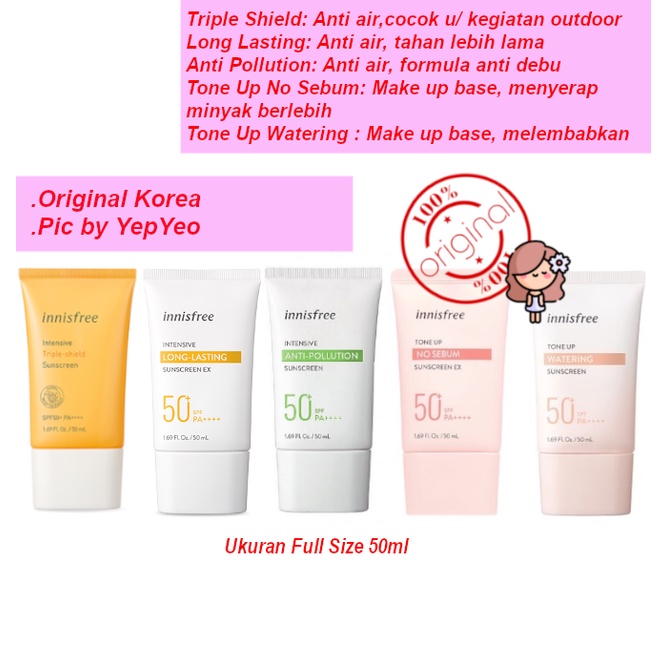 Jual Innisfree Triple Shield/Long Lasting/Anti Pollution/Tone No Sebum/Tone Up Watering SPF 50 ...