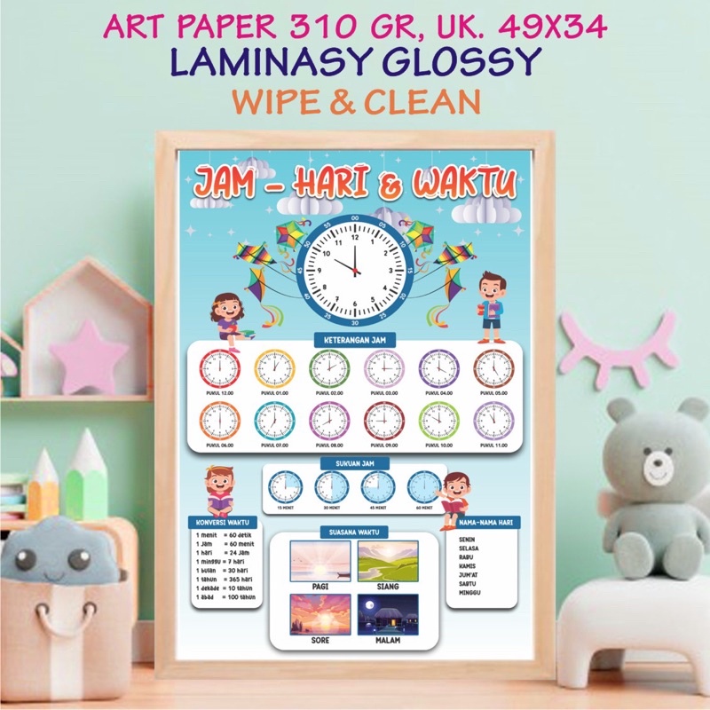 Jual MENGENAL WAKTU JAM HARI POSTER WIPE & CLEAN BALITA BELAJAR BISA DI ...