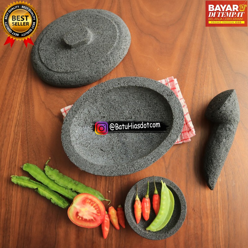 Jual ( 20 cm ) Cobek Tutup dan Ulekan Batu Lava Penumbuk Ulegan Uleg ...