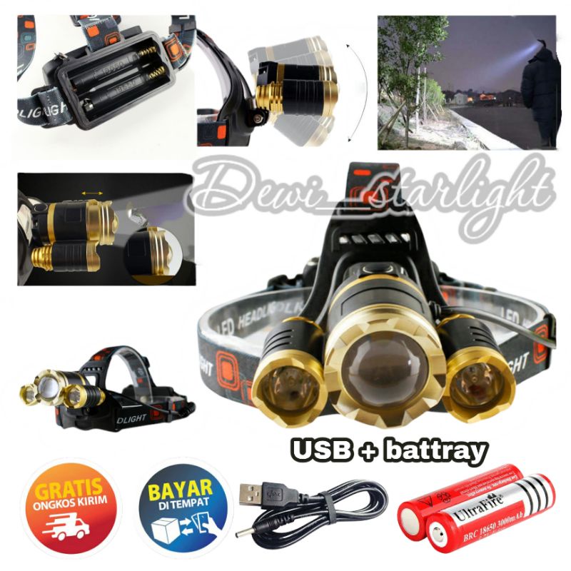 Jual Senter kepala/Headlamp Cree XM-L 3T6 10000 Lumens - Golden/senter led | Shopee Indonesia