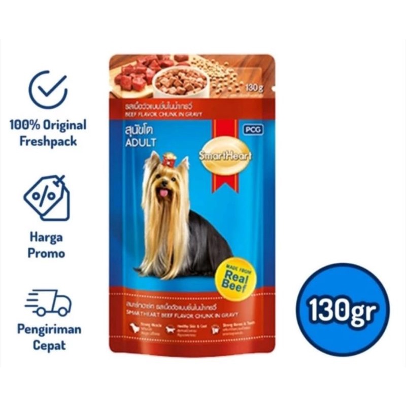 Jual SmartHeart Pouch Wet Dog Food Adult Beef Chunk In Gravy 130gr ...