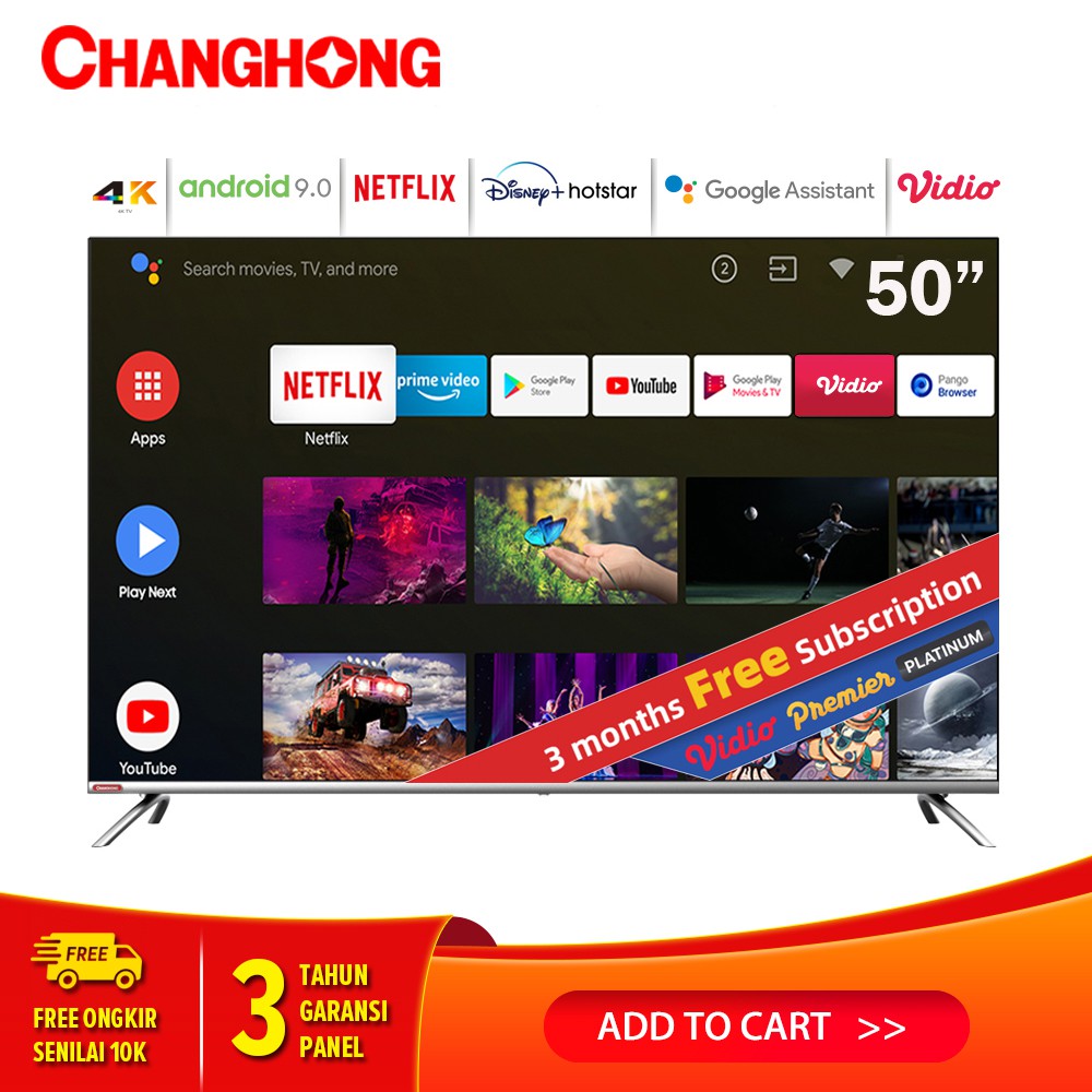 Jual Changhong 50 Inch 4K UHD Netflix TV borderless Google certified Android 9.0 Smart TV LED TV ...