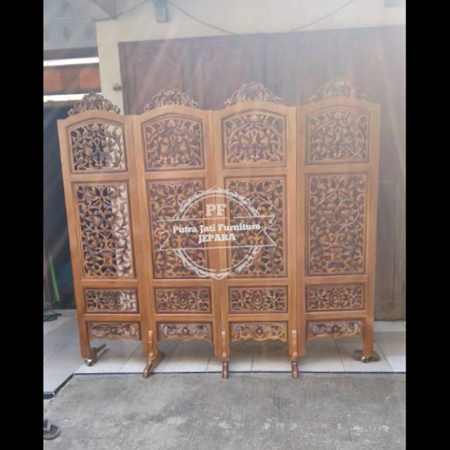 Jual Partisi penyekat pemisah ruangan kayu jati sketsel 4 pintu ukir ...