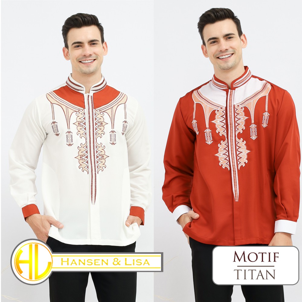 Jual Baju Koko Muslim Pria Lengan Panjang Kombinasi 2 Warna Bordir - Titan | Shopee Indonesia