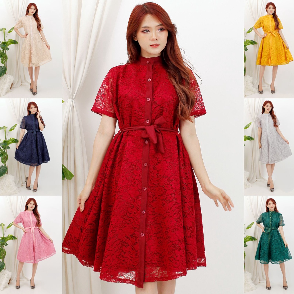 Jual (Dijamin RealPic) Dress Clara Brukat Midi / Dres Pesta Brokat / Dress Gereja Natal / Dress ...