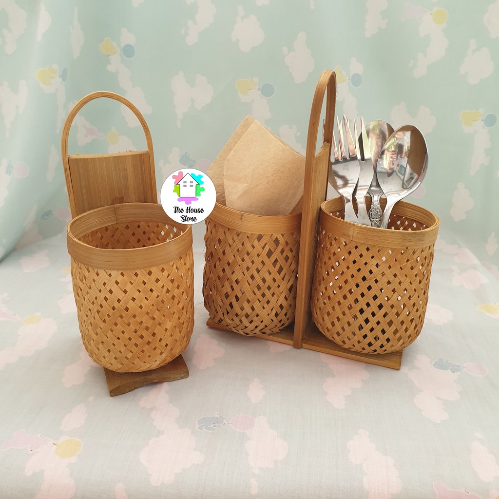 Jual TEMPAT / WADAH TISSU DAN SENDOK GARPU (ALAT MAKAN) ANYAMAN BAMBU ...