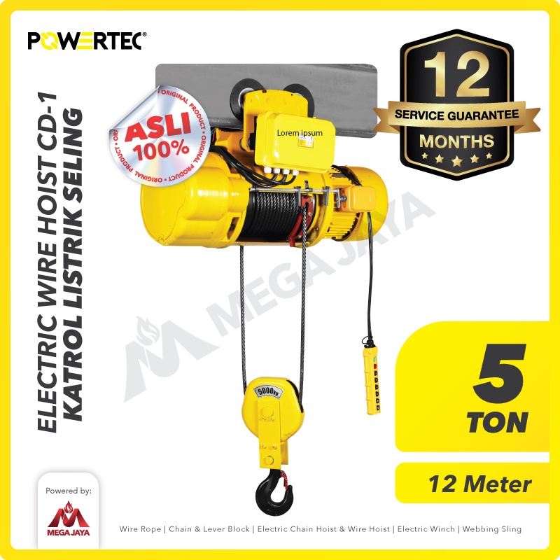 Jual POWERTEC Electric Wire Rope Hoist 5 Ton x 12 Meter 3 Phase CD-1 ...