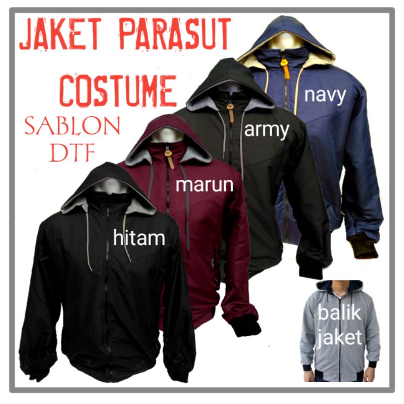 Jual jaket parasut costume desain bebas ukuran sablon depan logo ( 9x9 ...