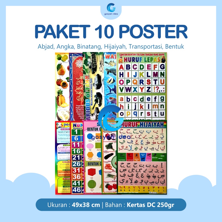 Jual 10 Poster Belajar Anak Edukasi Huruf Abjad, Angka, Binatang ...