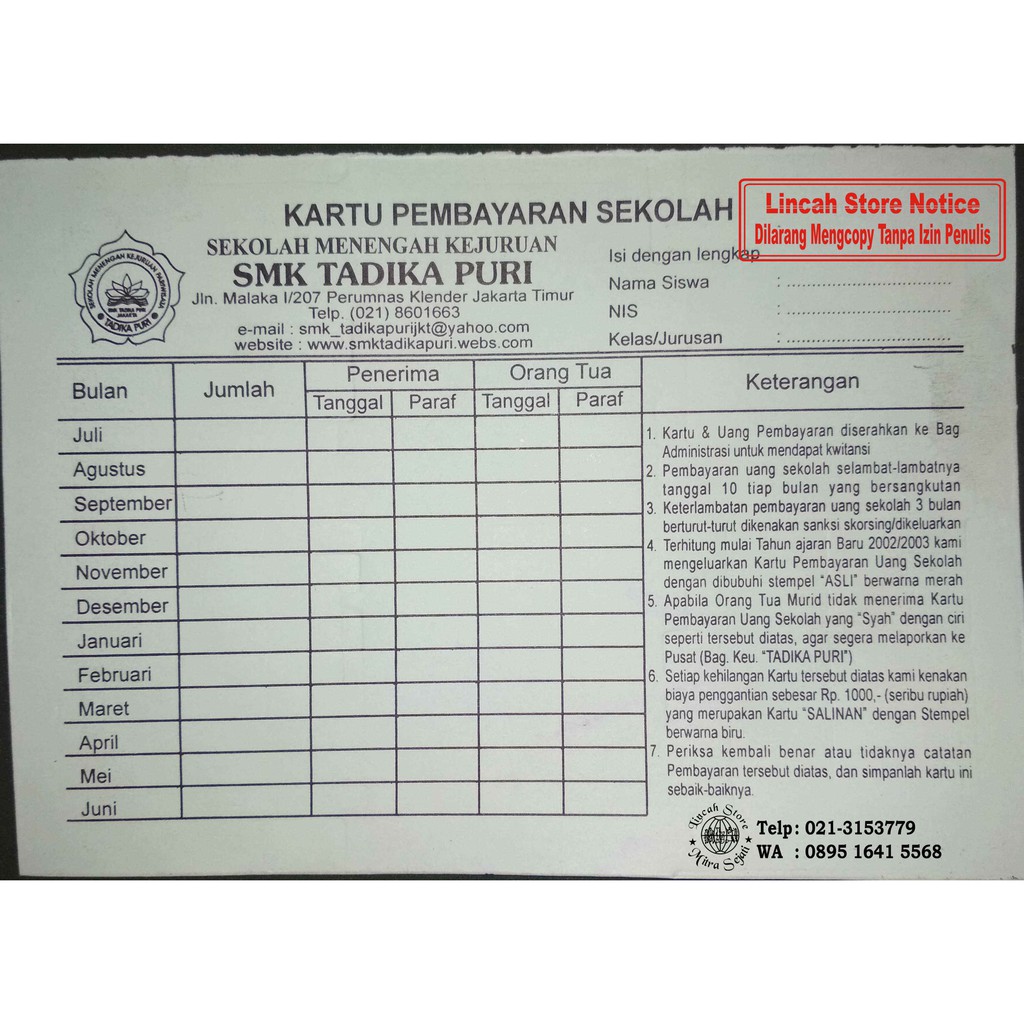 Jual Cetak Kartu SPP Pembayaran Logo dan Nama Sekolah Indonesia|Shopee ...