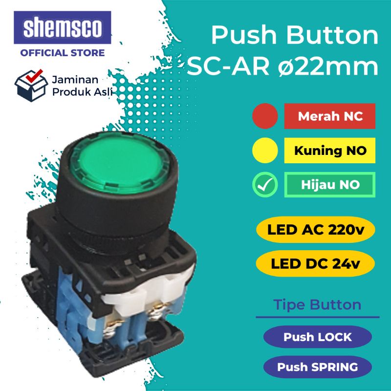 Jual AC 220v DC 24v 22mm LED Push Button Hijau Spring Lock SC-AR22-EOL ...