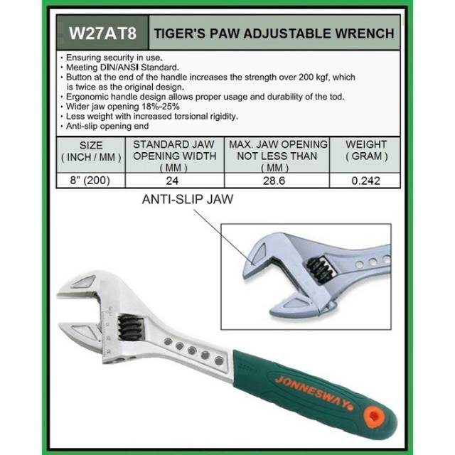 Jual JONNESWAY TIGER'S PAW ADJUSTABLE WRENCH ( W27AT8 ) | Shopee Indonesia