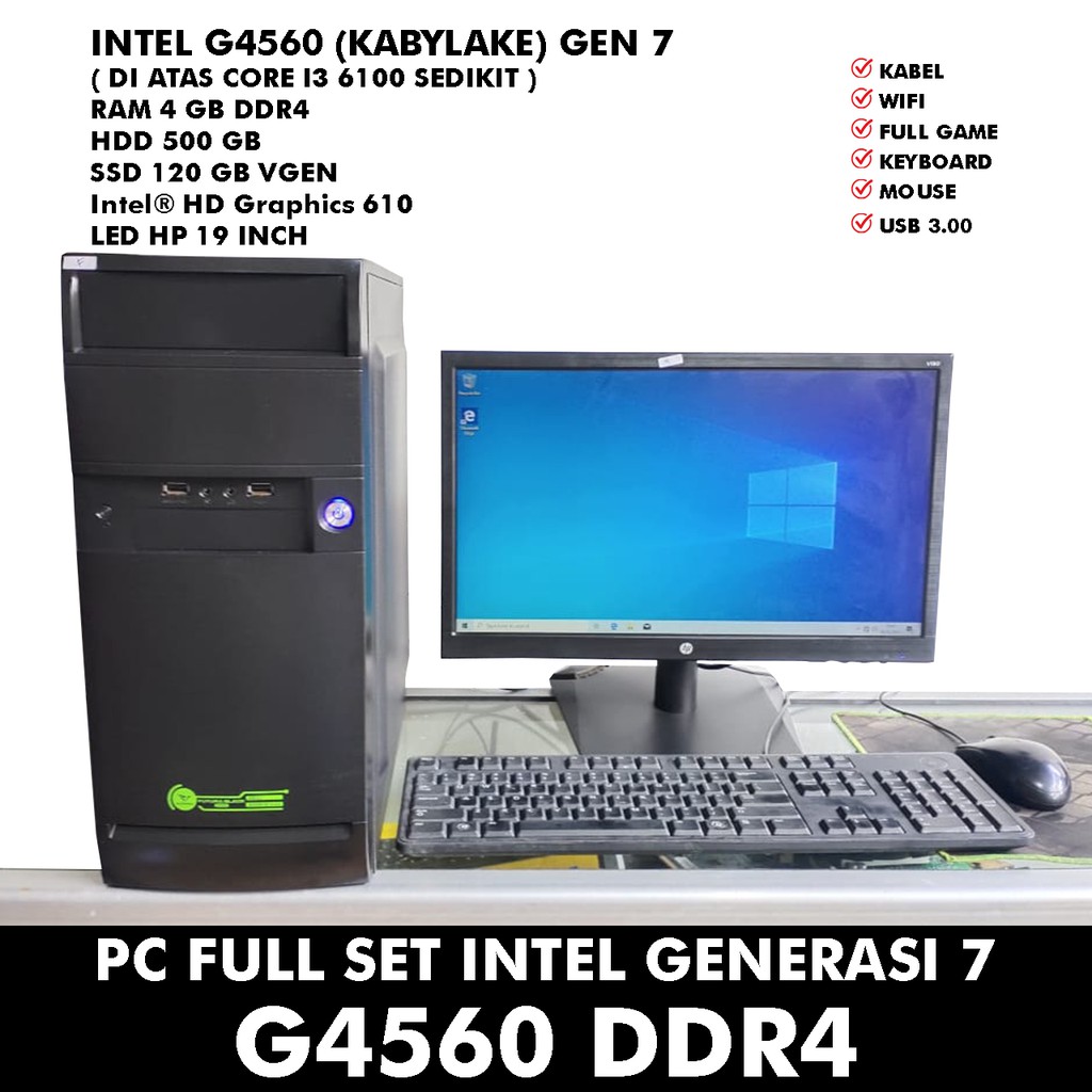 Jual komputer/ pc lengkap g4560/4gb ddr4/ ssd 120gb/ hdd500gb/ led hp ...