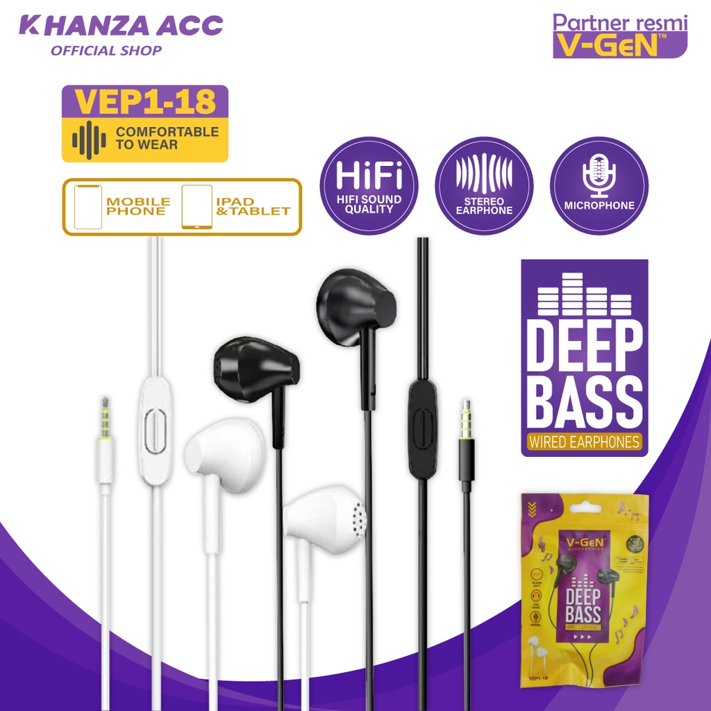 KHANZAACC Earphone VGeN VEP1-18 Wired Handsfree Headset HiFi Sound ...