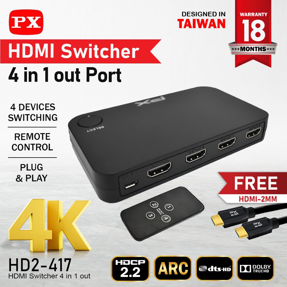 Jual HDMI Switcher 4K Full HD 4 in 1 out PX-HD2-417 dengan IR Remote ...