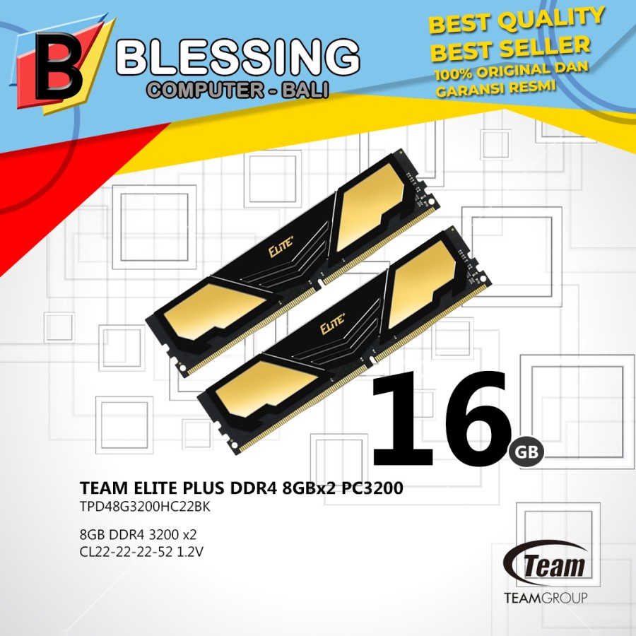 Jual RAM TEAM ELITE PLUS DDR4 16GB (2x8GB) PC3200 (TPD48G3200HC22BK) | Shopee Indonesia