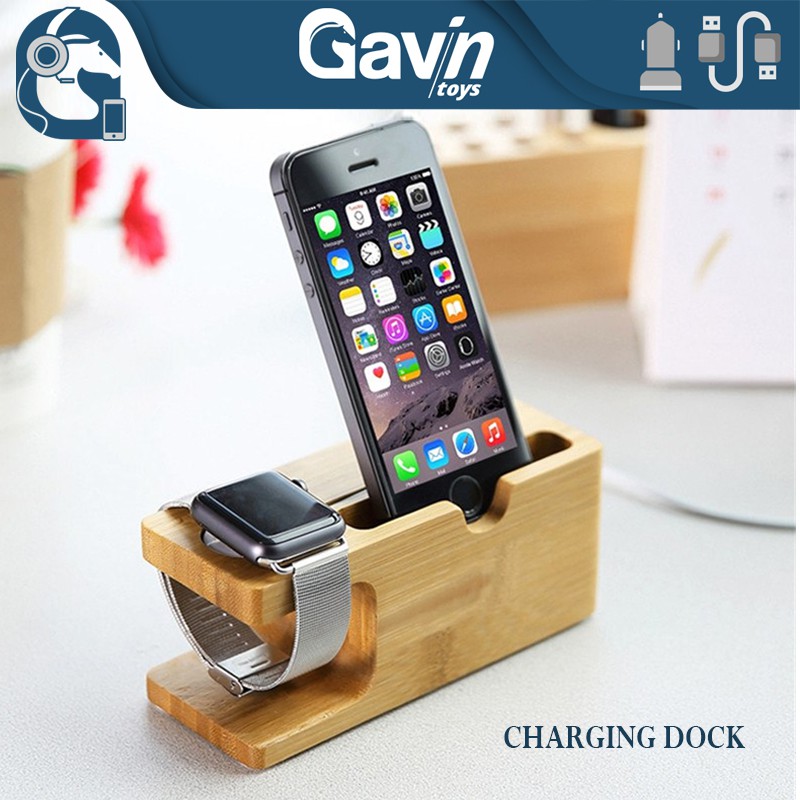 Charging Dock HandPhone dan Apple watch kayu bamboo smartwatch tempat ...