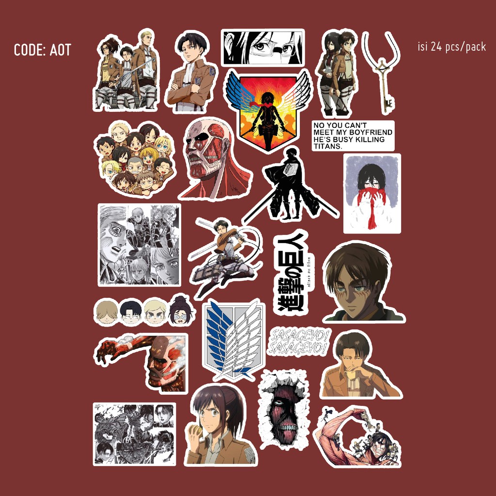 Jual Attack on Titan sticker pack 24 pcs (AOT, Levi, Eren, Mikasa ...