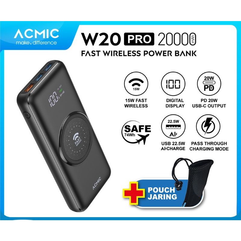 Jual ACMIC W20PRO Wireless Powerbank 20000mAh Fast Wireless AiCharge QC4.0 + PD + VOOC | Shopee ...