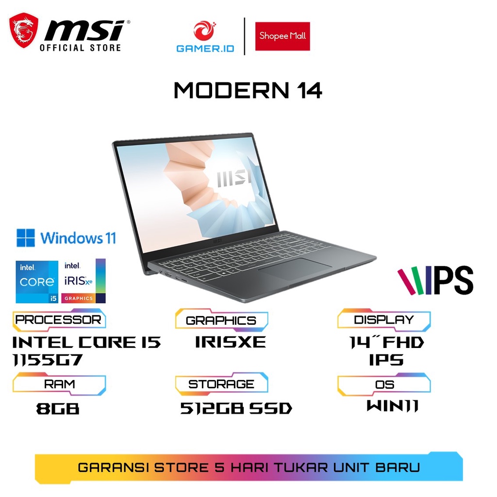 Jual MSI Modern 14 - Intel Core i5 1155G7 8GB 512GB SSD IrisXe Win11 14 ...