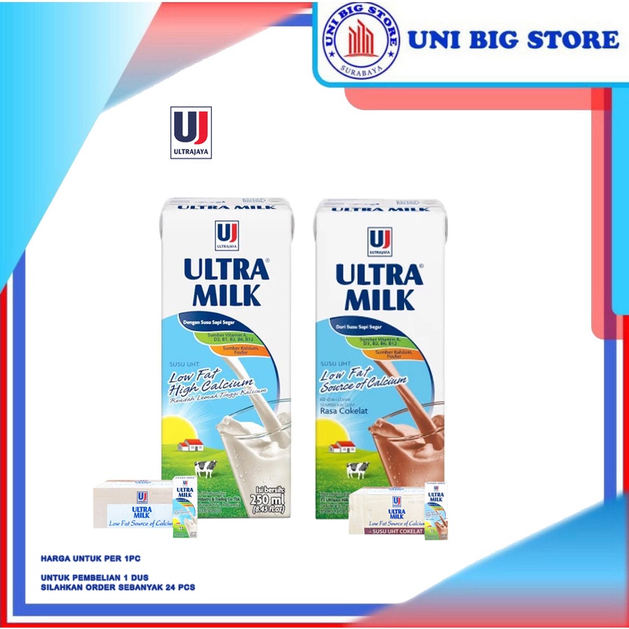 Susu ULTRA Milk Low Fat High Calcium Milk 250 ml Plain dan Coklat ...