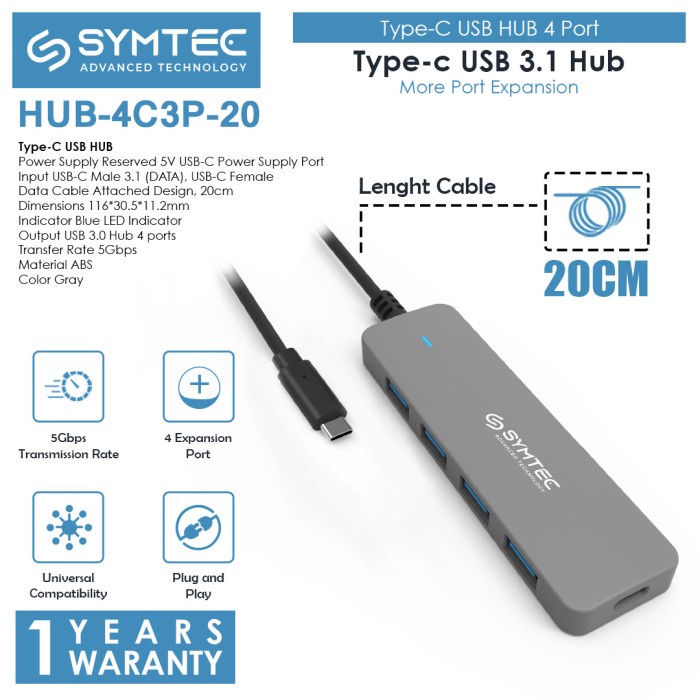 Jual SYMTEC Type-c USB 3.1 Hub 4 ports with Type-c Power 20cm - HUB ...
