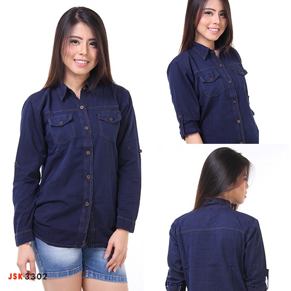 Kemeja Biru Dongker Polos Wanita - Juwitala