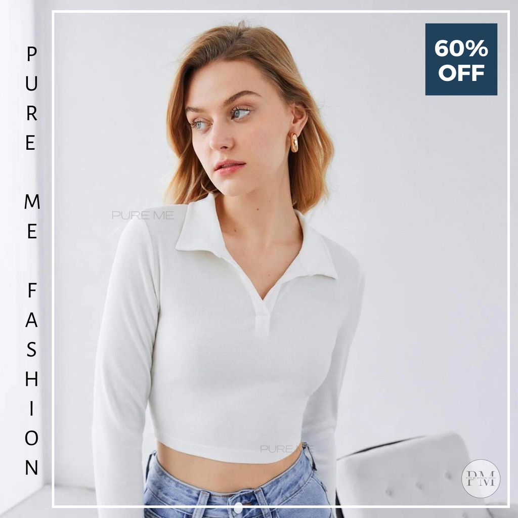Jual Pure Me Fashion - Lyra Crop Top Collar Rib Knit Long Sleeve ...