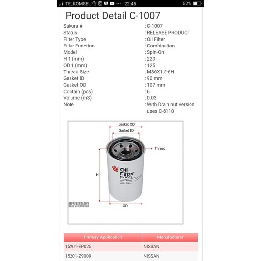 Jual Filter Oli Mitsubishi Fuso 6D16T ME074013 C-1007 Sakura 04511 ...