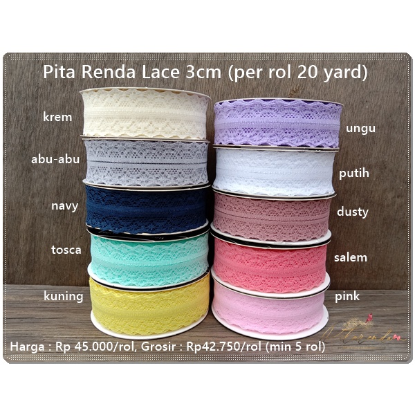 Jual REND-68 : Pita Renda Lace 3 cm (per rol 20 yard) | Shopee Indonesia