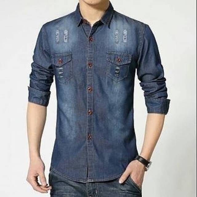 Jual Kemeja Jeans Pria Rudiko dark blue Biru dongker bahan Debim tebal ...