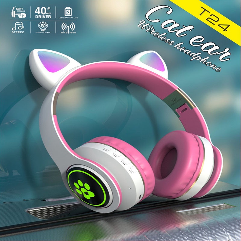 Jual Headphone Kucing Bluetooth Wireless Cat Ear T24 Earphone Headset ...