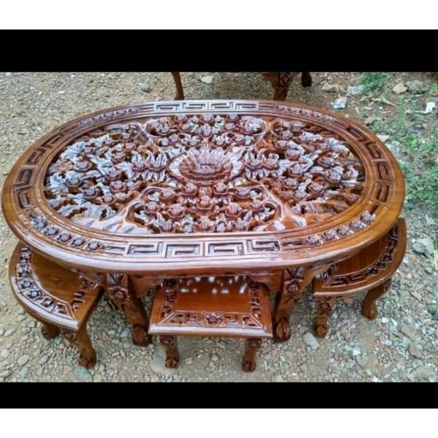 Jual MEJA UKIR KAYU JATI MEJA OSIN OVAL | Shopee Indonesia