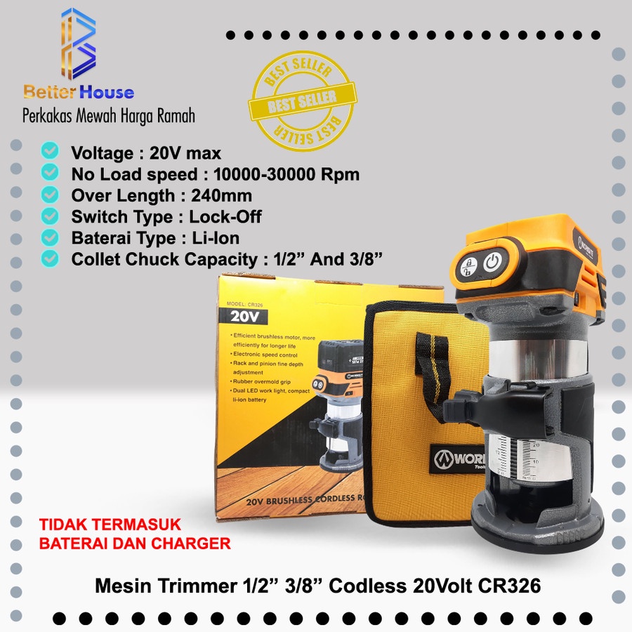 Jual Mesin Trimmer Profil Kayu Router Cordless 20V Worksite CR326 Unit ...