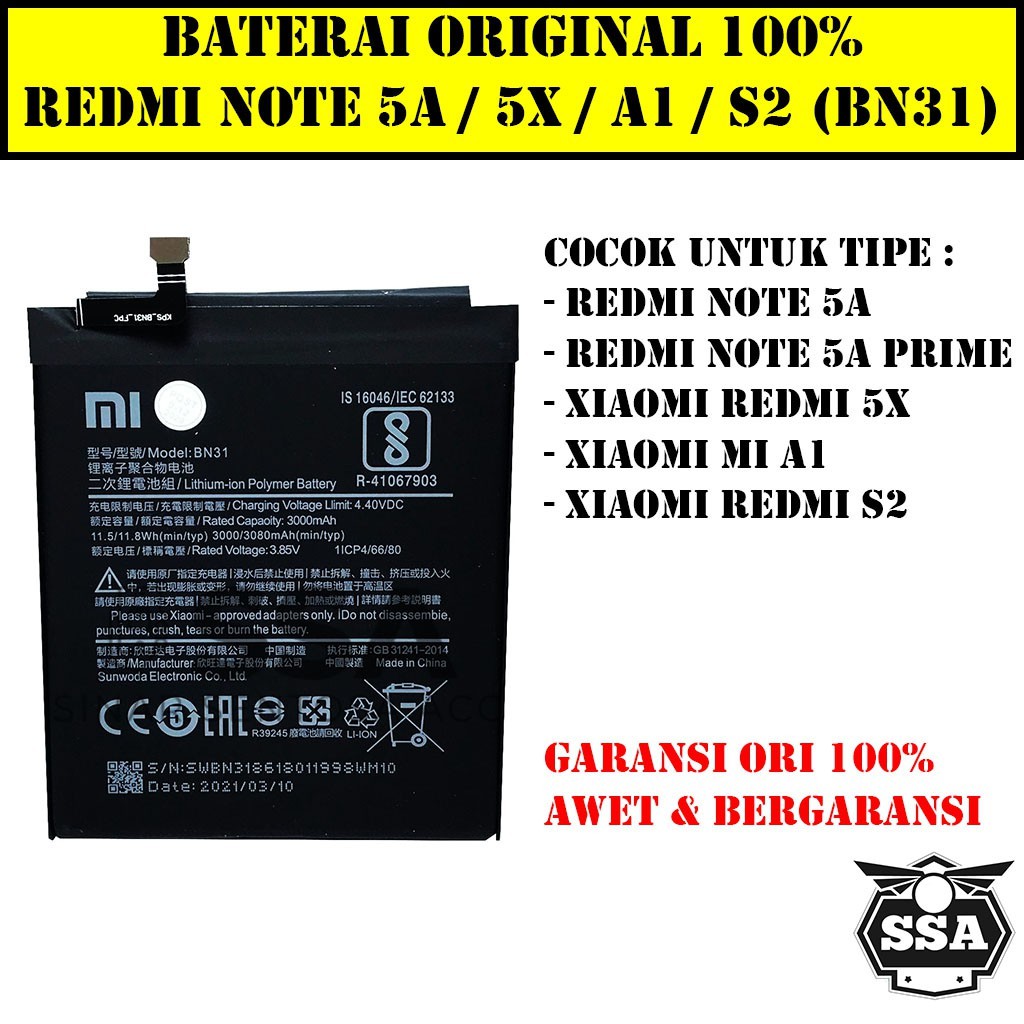 Baterai Original 100% Xiaomi Redmi Note 5a Prime Mi 5x Mi A1 Redmi S2 BN31 Batre Batrai BN 31 ...