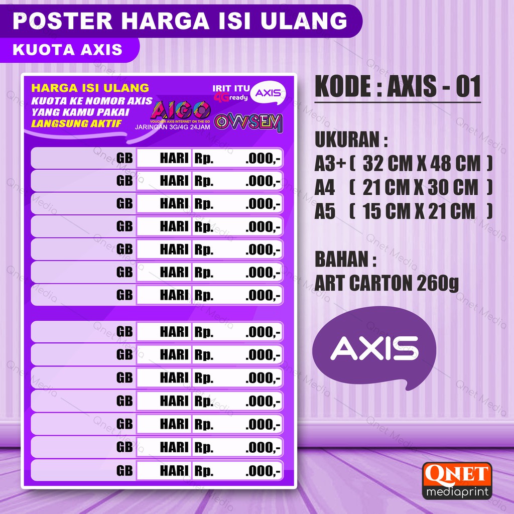 Jual POSTER HARGA ISI ULANG KUOTA ALL OPERATOR ( CUSTOM ) | Shopee ...