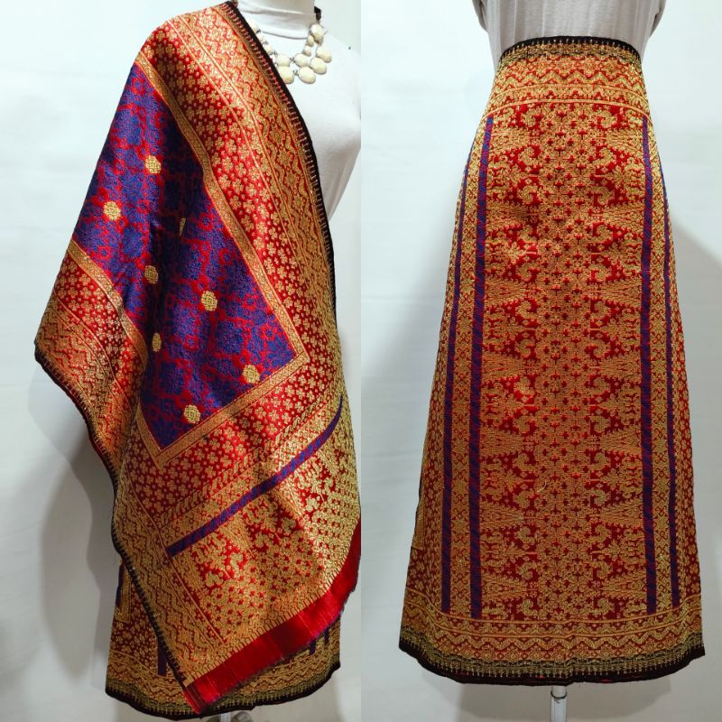 Jual Songket Palembang Asli Motif Bunga Cina Warna Maron Biru tua ...