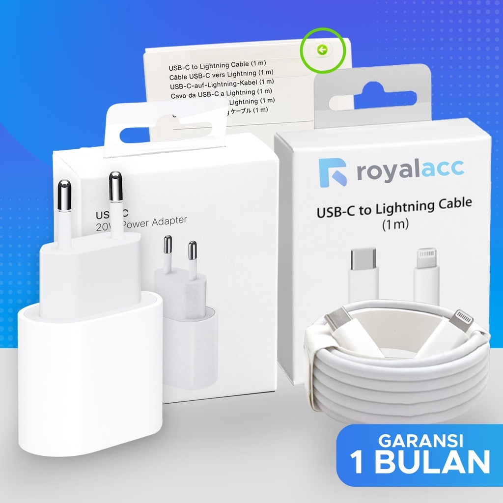 Jual Adaptor Charger Kepala Charger 20W USB C + Kabel USB C to Lightning Panjang 1 atau 2 Meter ...