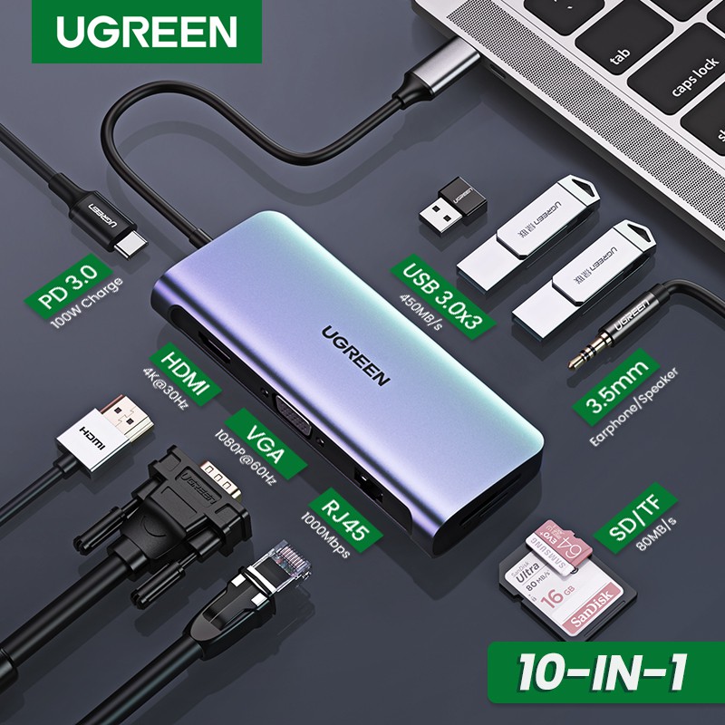 Jual Ugreen Hub Usb Type C 10 In 1 Dengan Ethernet 4k Usb C Ke Hdmi Vga Pd Power Delivery 3 Usb ...