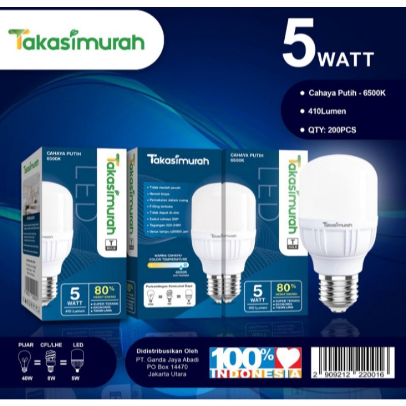 Jual TAKASIMURAH LED BULB T LAMPU LED HEMAT ENERGI BOHLAM 5 watt,10 watt & 15watt | Shopee Indonesia